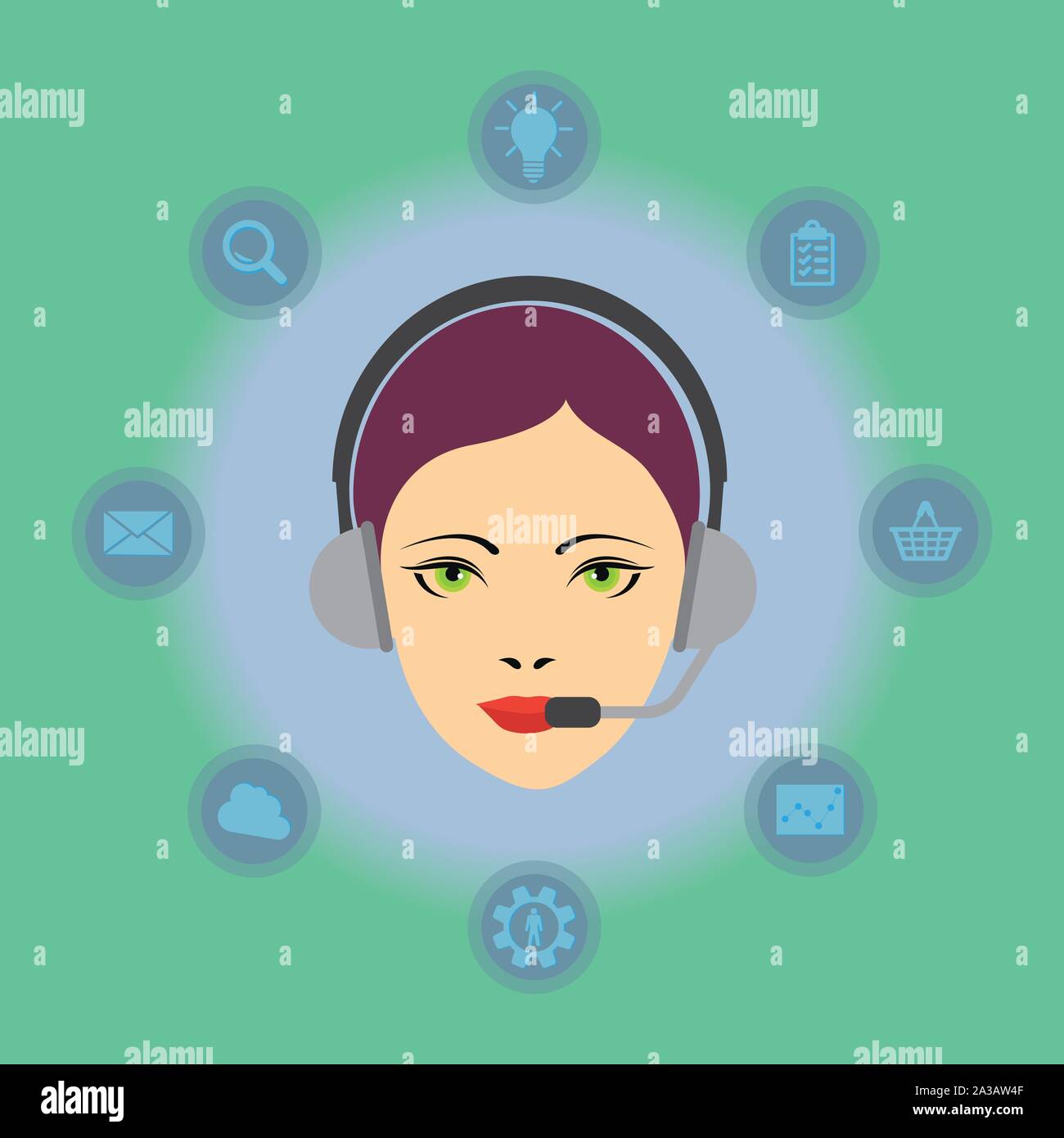 Call center concept: woman head with headset and different symbols ...