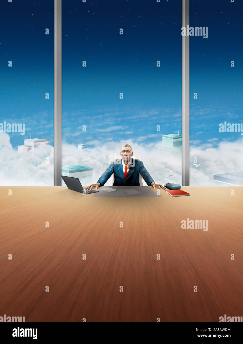 Lonely Chief Executive Officer at desk in high building Stock Photo - Alamy