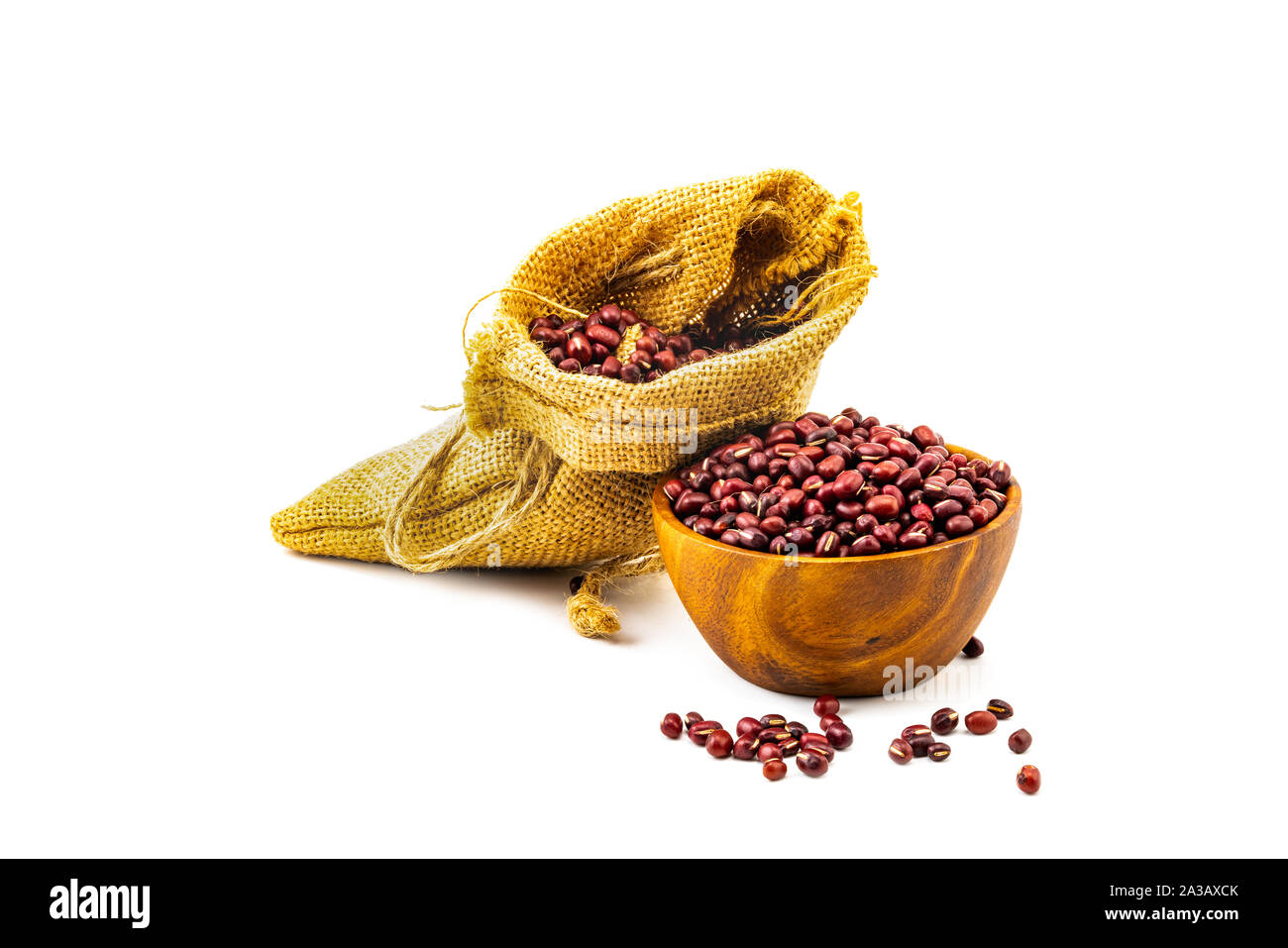 Dry Red Beans in a wooden bowl and in a sack on white background Stock ...