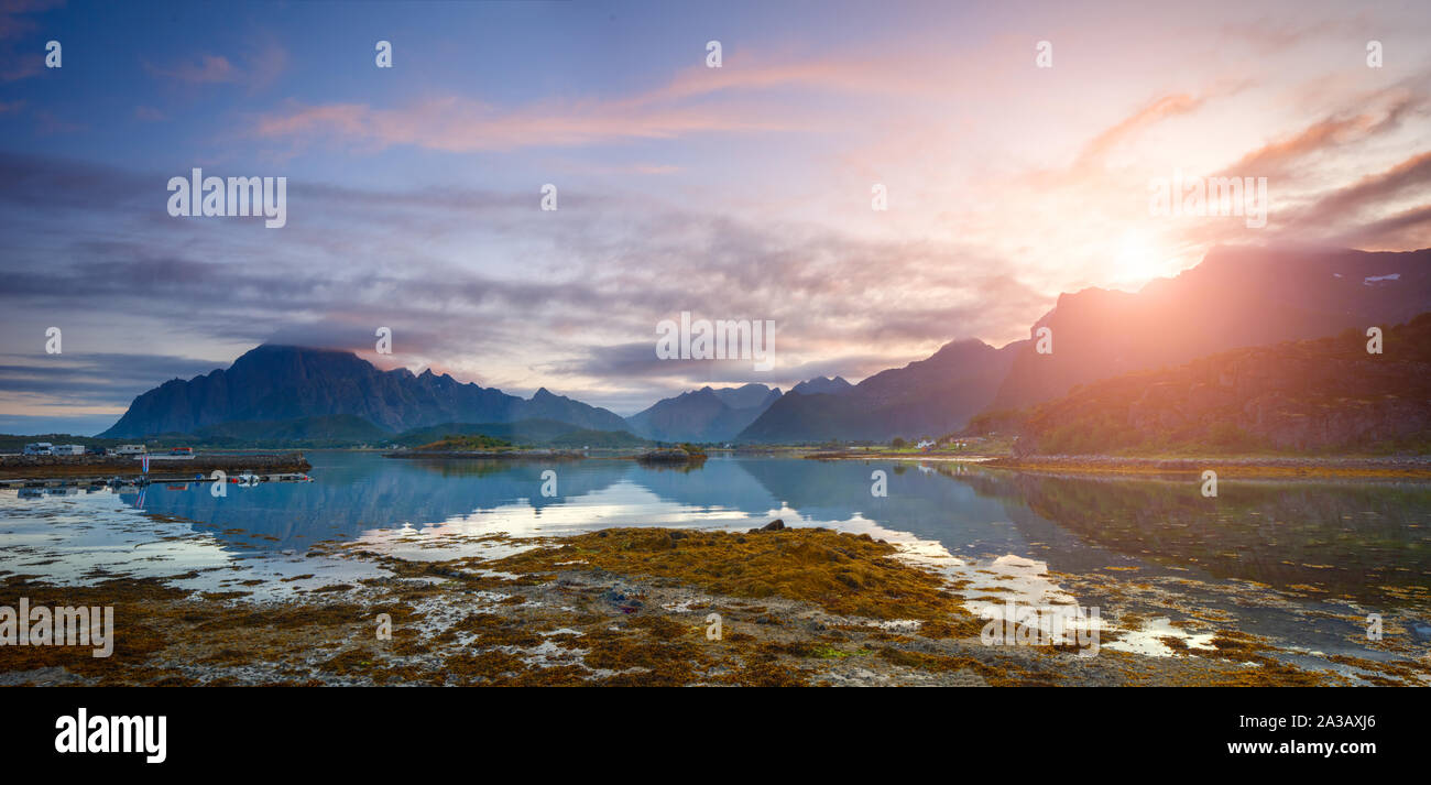 Aerial summer sea panorama view of norway mountains, lofoten, vacation ...