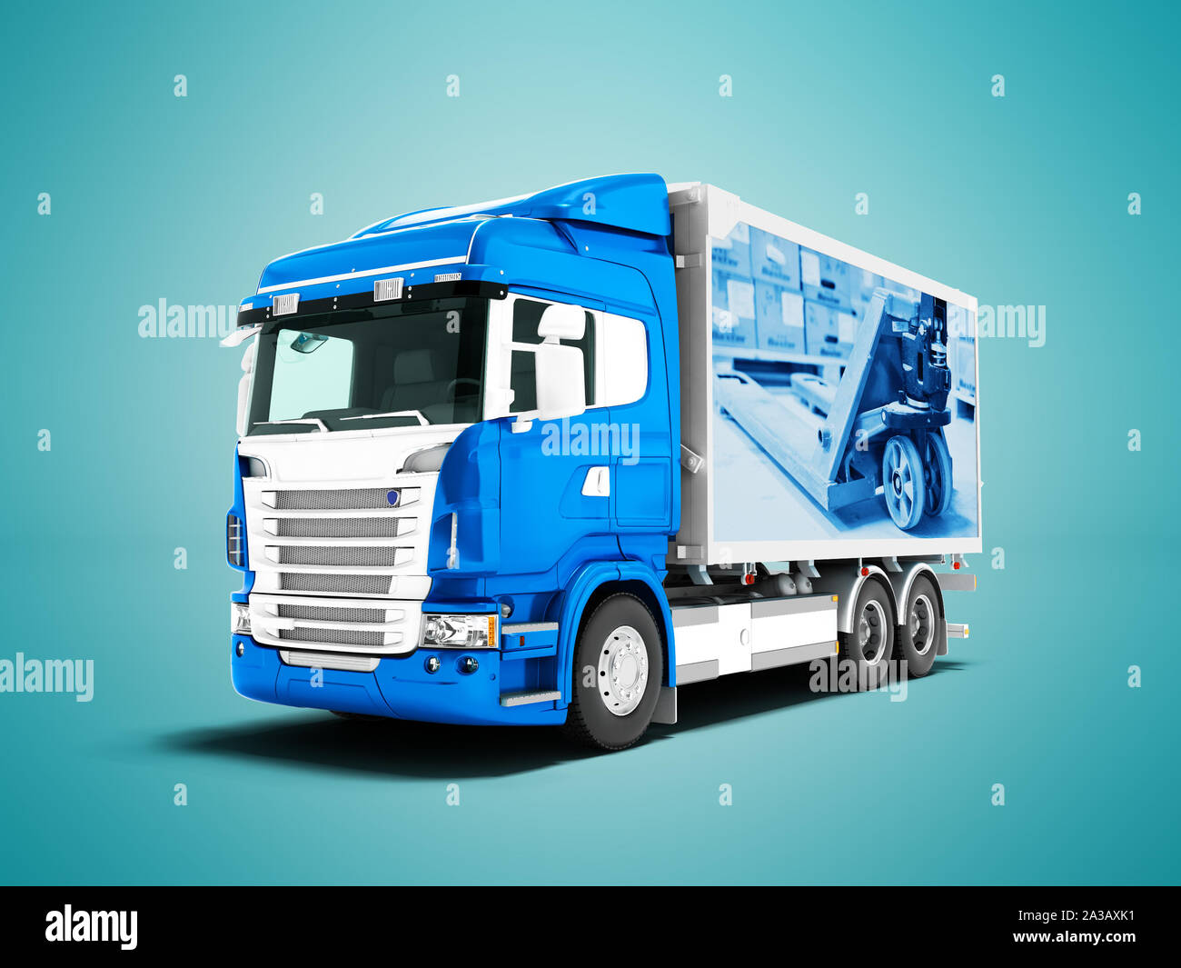 Modern dark blue truck with trailer with white insets for carrying ...
