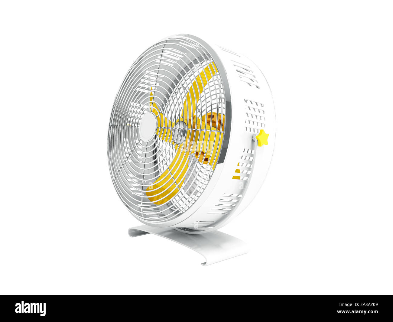Modern yellow metal fan for cooling rooms right view 3d render on white ...