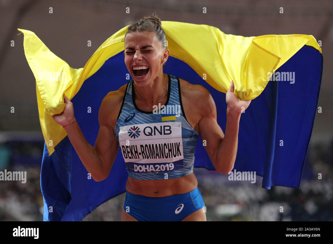 Doha, Qatar. 6th Oct, 2019. Maryna Bekh-Romanchuk of Ukraine celebrates ...