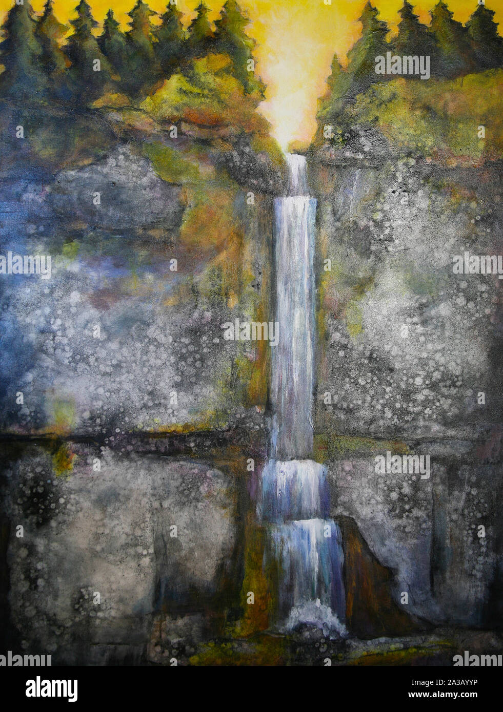 Painting of waterfall flowing down rock face Stock Photo - Alamy