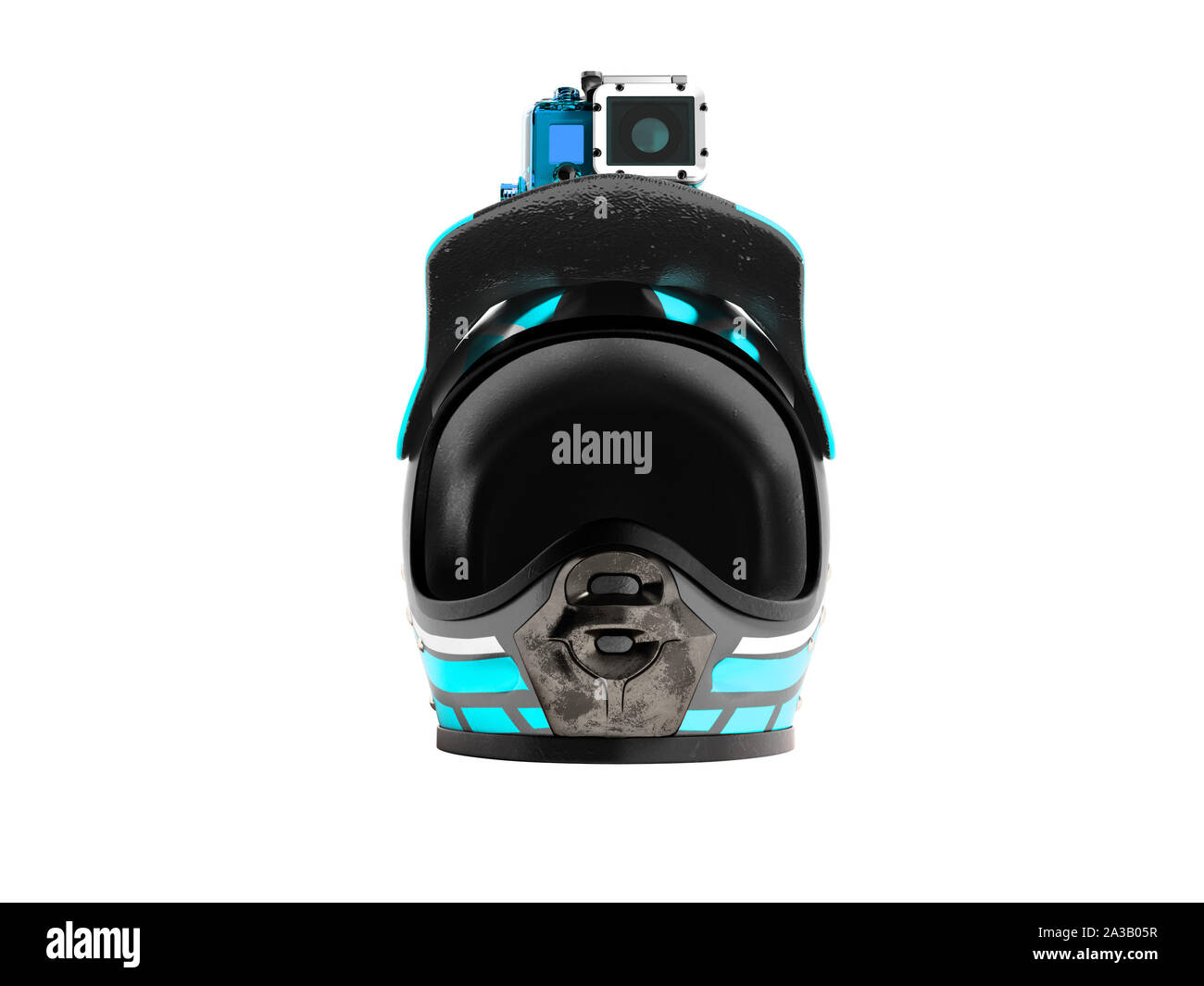 Modern blue motorcycle helmet with blue action camera in front 3d ...