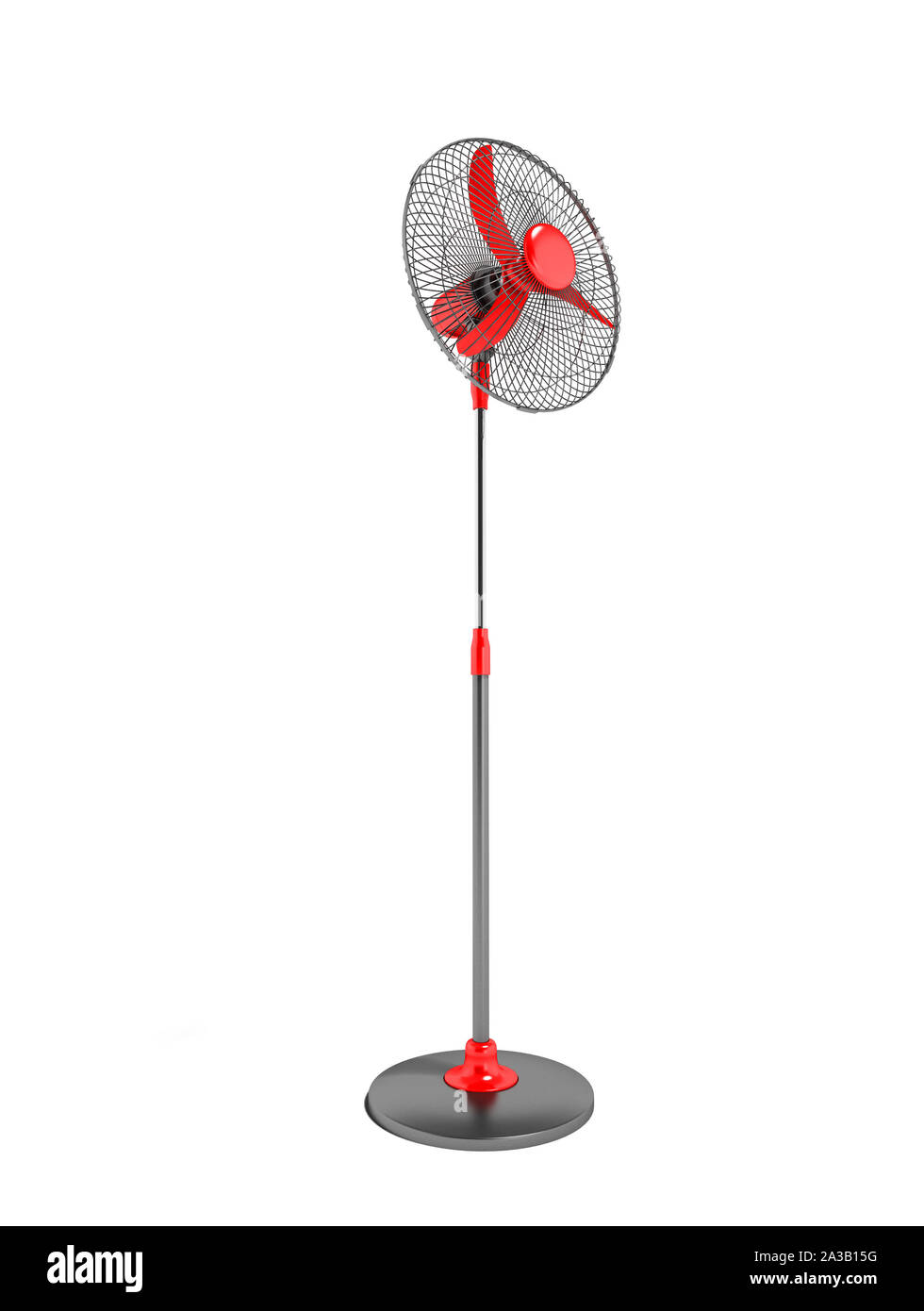 Modern red metal fan for office cooling on foot 3D render on white ...