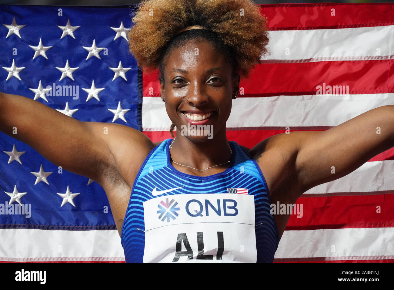 Doha, Qatar. 6th Oct, 2019. Nia Ali of the United States celebrates ...