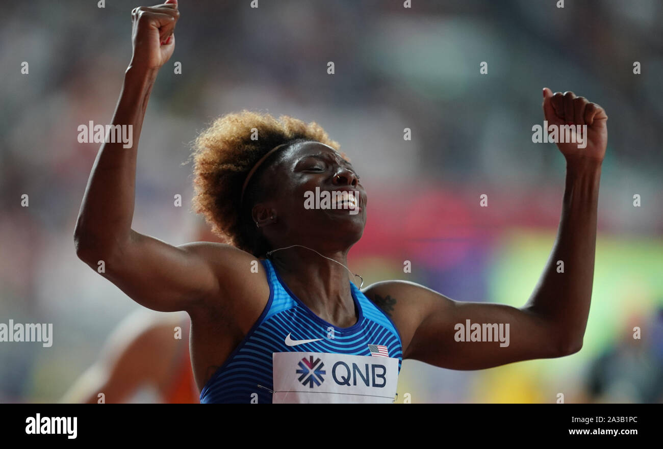 Doha, Qatar. 6th Oct, 2019. Nia Ali of the United States celebrates ...