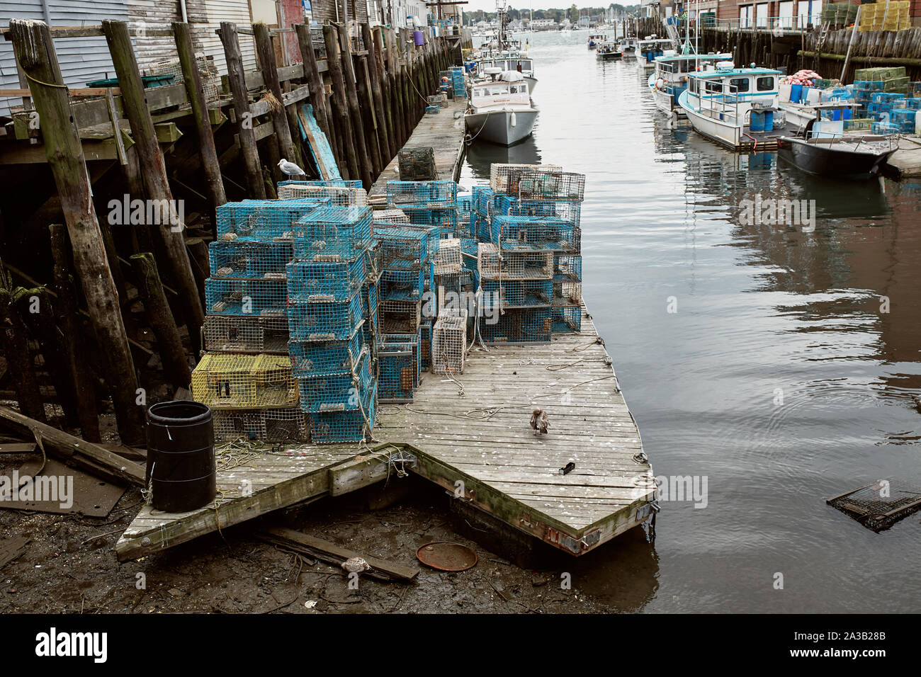 Commercial fishing wharf with stacks of lobster traps in the Old Port ...