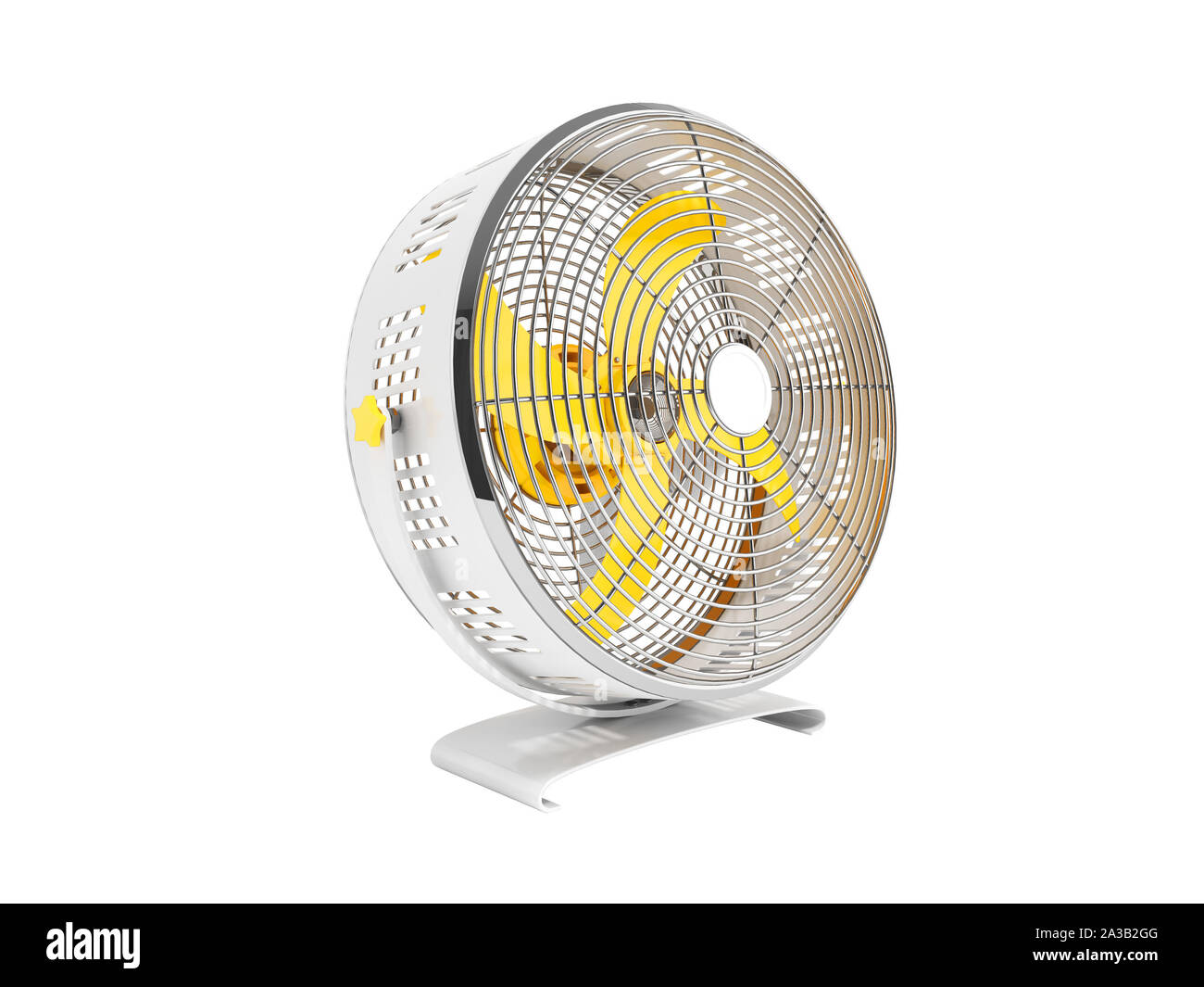 Modern yellow metal fan for cooling 3D rendering on white background no ...