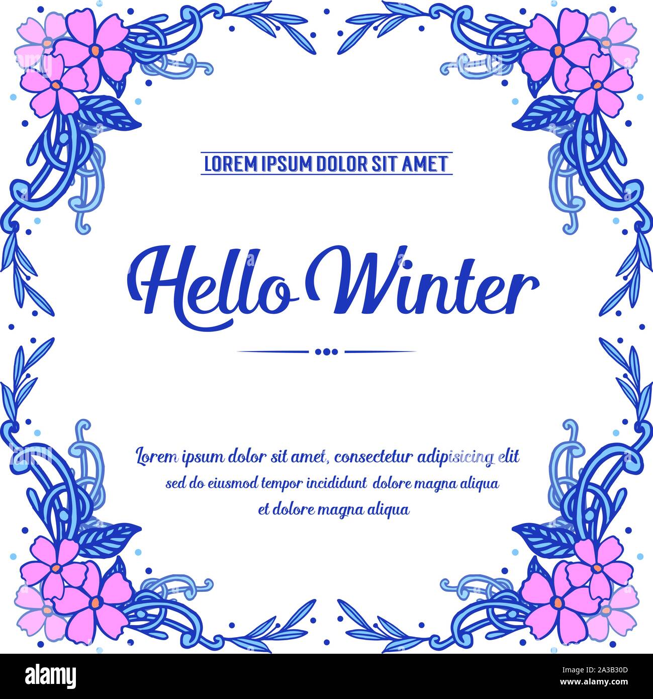 Greeting card of hello winter, with beautiful abstract blue leafy ...