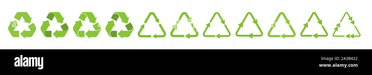 Recycle triangle arrow symbols set illustration. Green solid pictograms ...