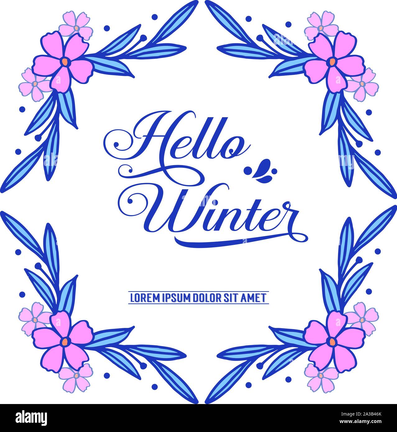 Handwritten text of hello winter, with artwork of blue leafy flower ...