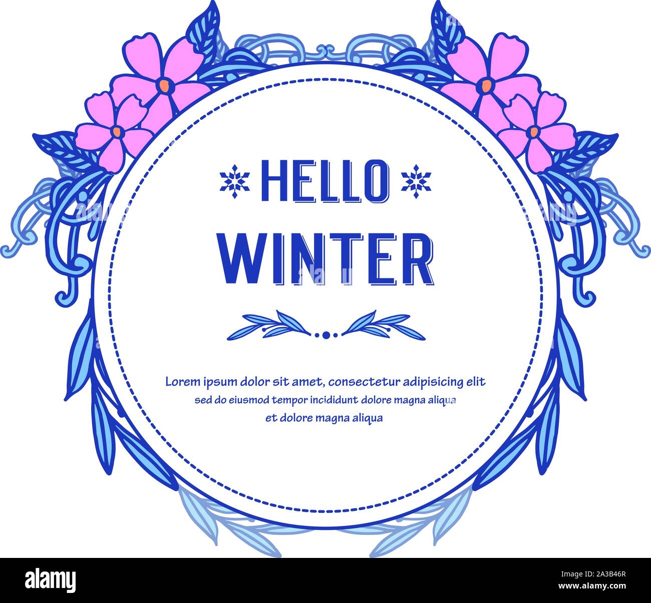 Handwritten text of hello winter, with artwork of blue leafy flower ...