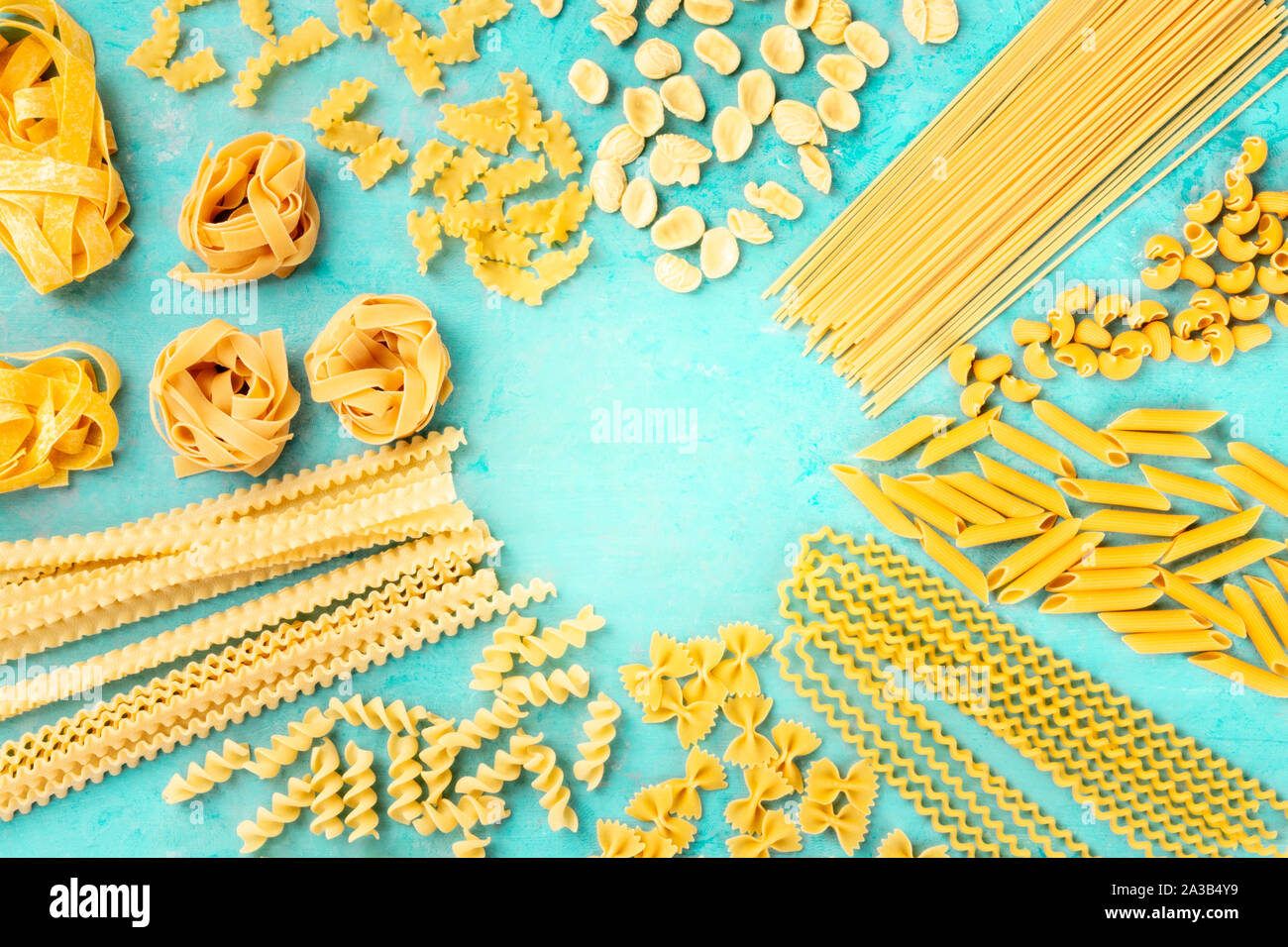 Italian pasta, flat lay banner with copy space, an overhead shot on a ...