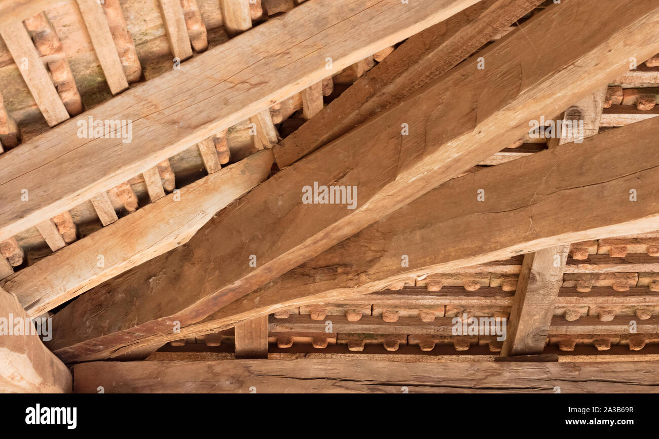 Wood roof ceiling structure detailed, old house Stock Photo - Alamy
