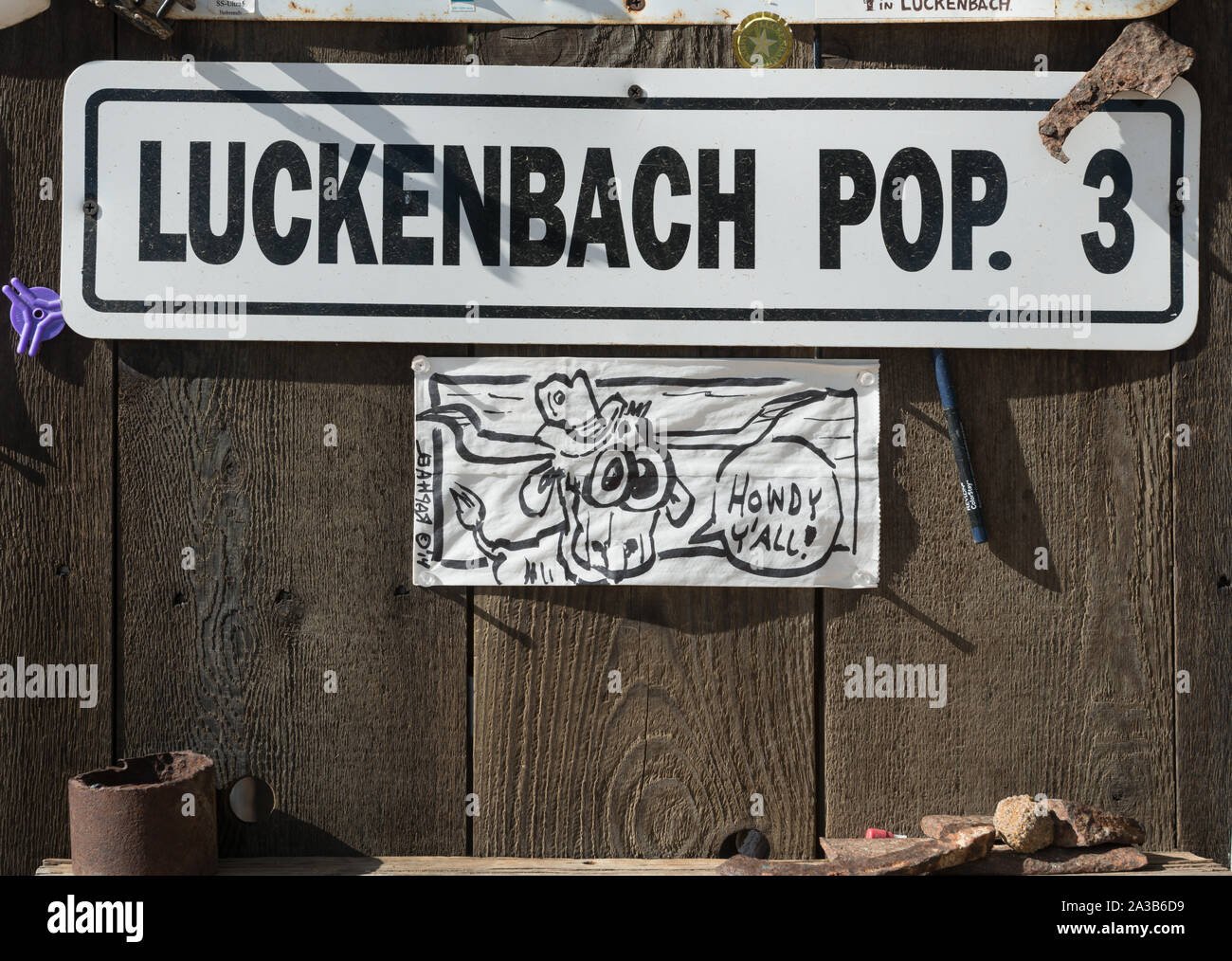 Sign for Luckenbach, Texas, a dot of a place in Gillespie County, Texas ...