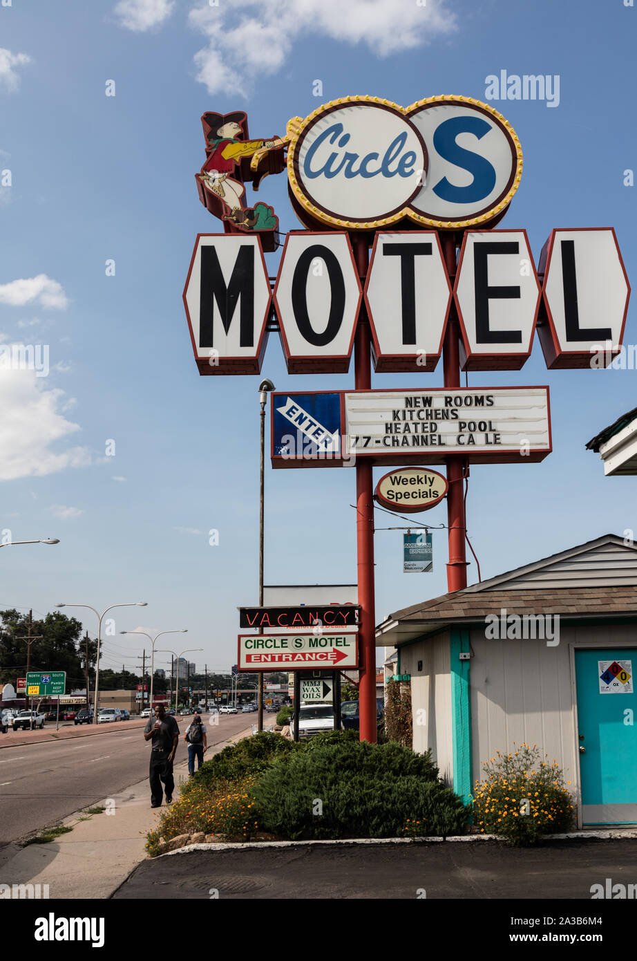 Sign for the Circle S motel in Colorado Springs, Colorado Stock Photo ...