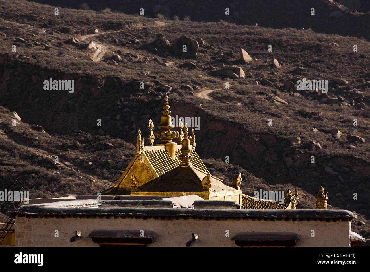 Architectural detail of the roof of the Drepung Monastery near Lhasa ...