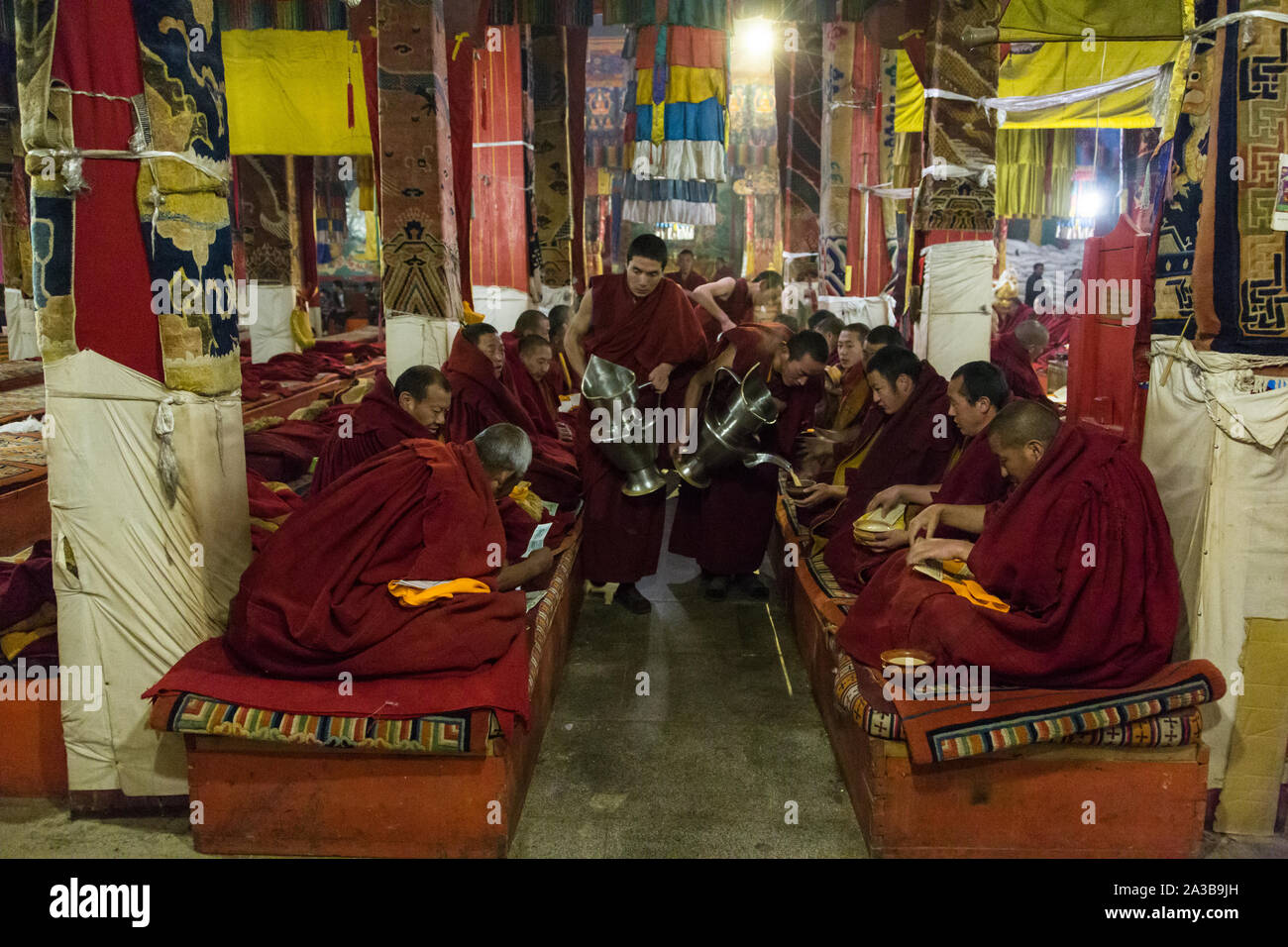 Young monks pour tea to worshipping monks in the Coqen Hall or Main ...