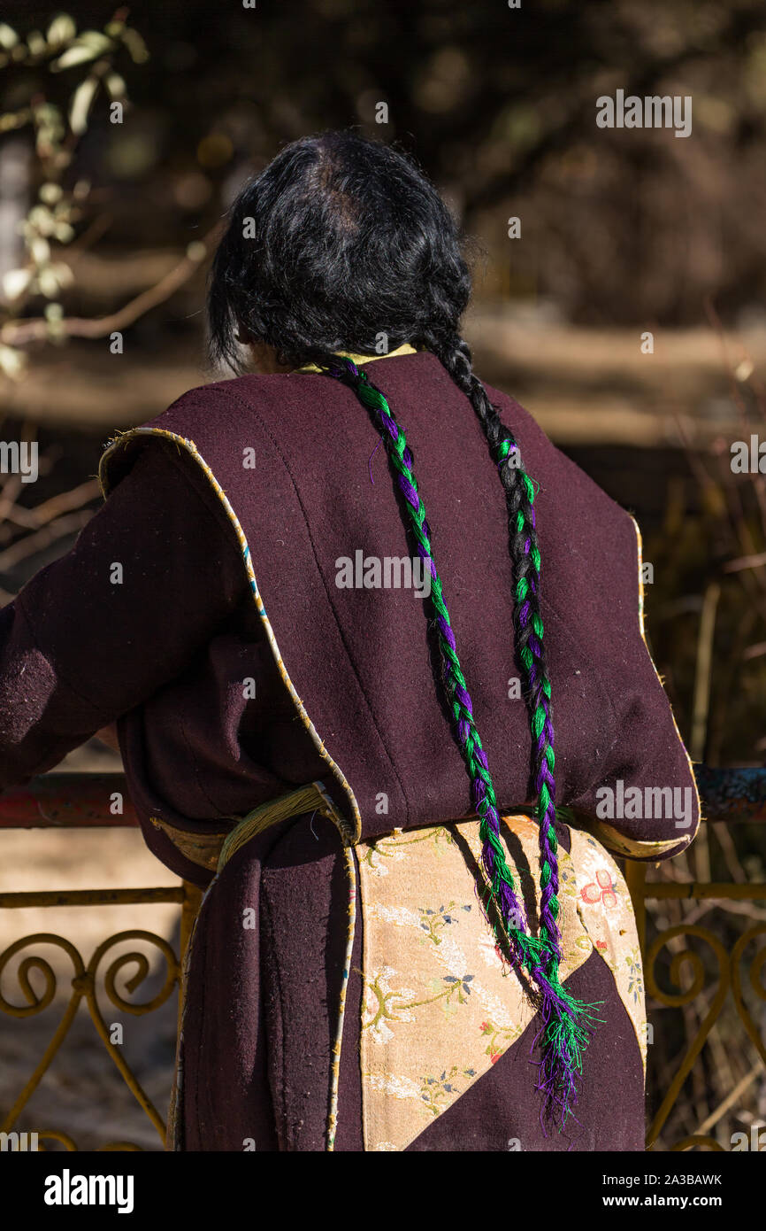 Colored threads woven into the braids of this older Tibetan woman on a ...