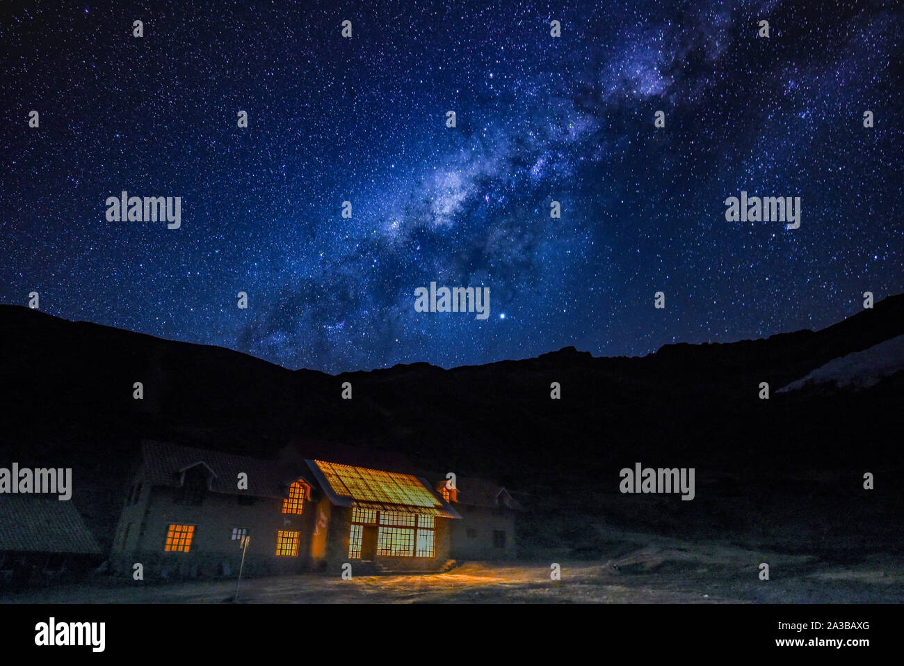 Milky Way and starry skies over a lodge in the Andes mountains. Cusco ...