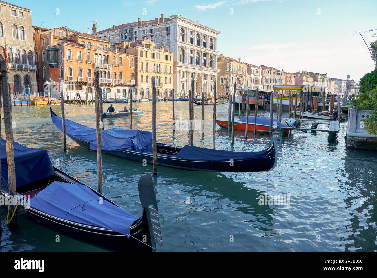 VENICE, ITALY - CIRCA MAY, 2019: Gondolas at their moorings in Venice ...