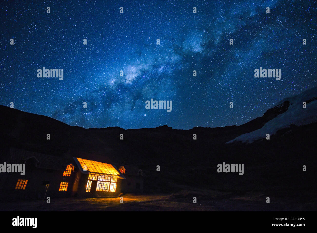 Milky Way and starry skies over a lodge in the Andes mountains. Cusco ...