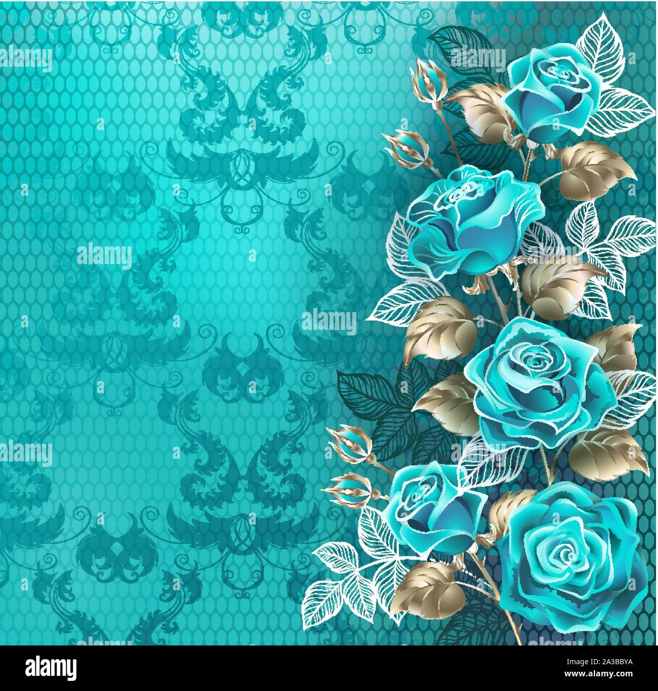 Composition of turquoise roses with leaves of white gold and contour ...