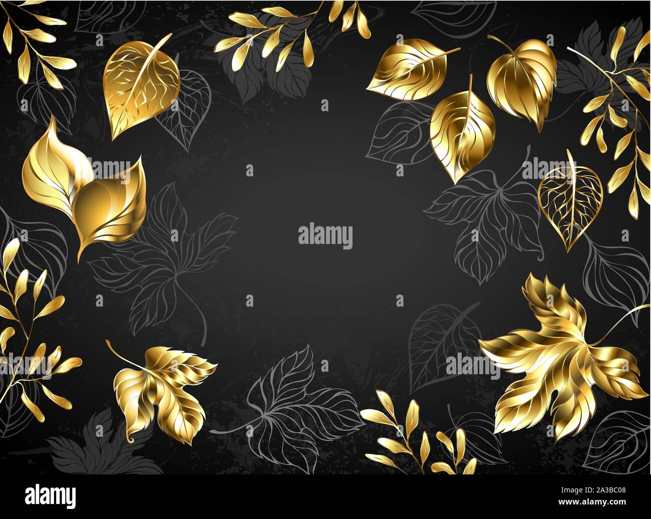 Black autumn background with golden, shiny leaves and gray, contour ...