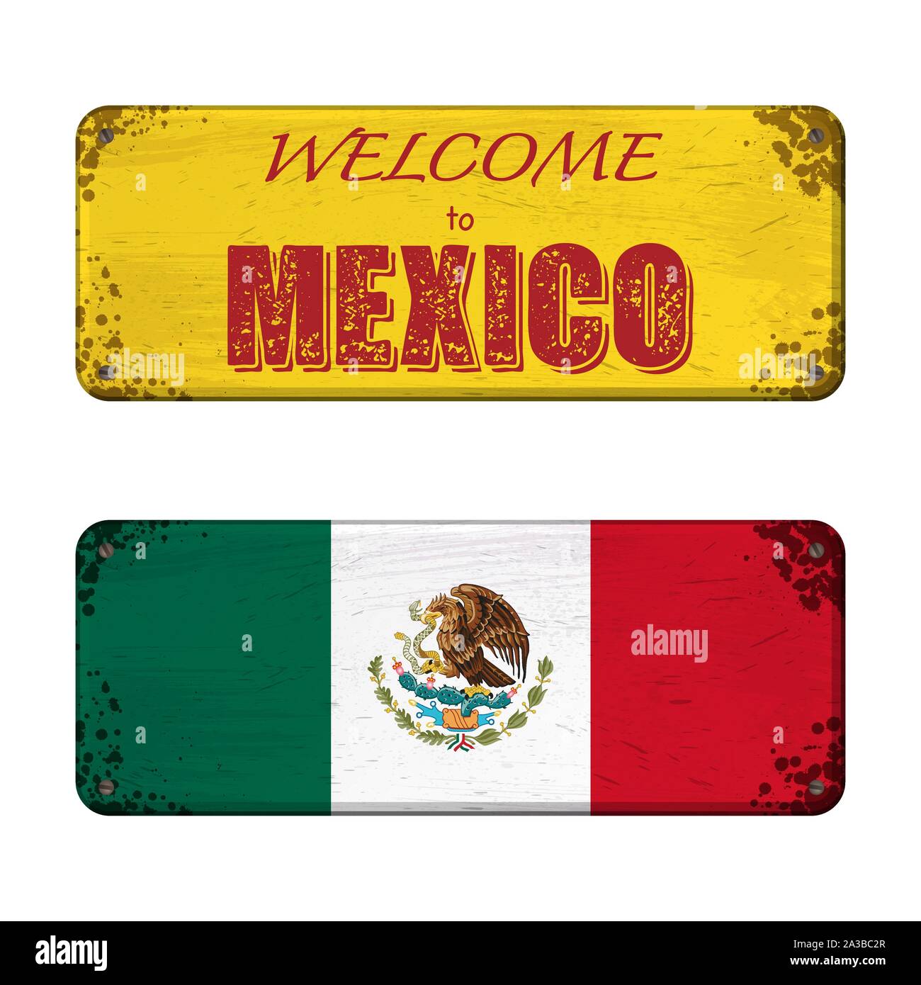 Two old grunge nameplates with Mexico flag and welcome text Stock ...
