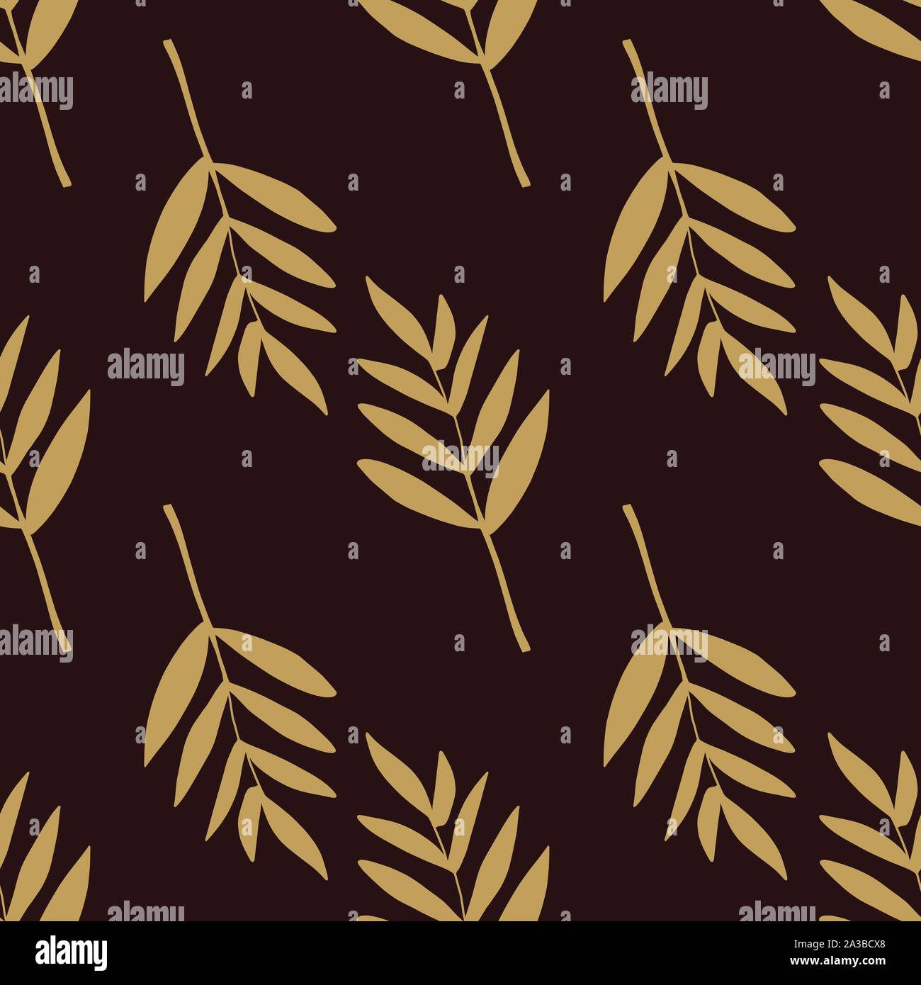 Seamless vector pattern with fern leaves gold brown on black backdrop ...