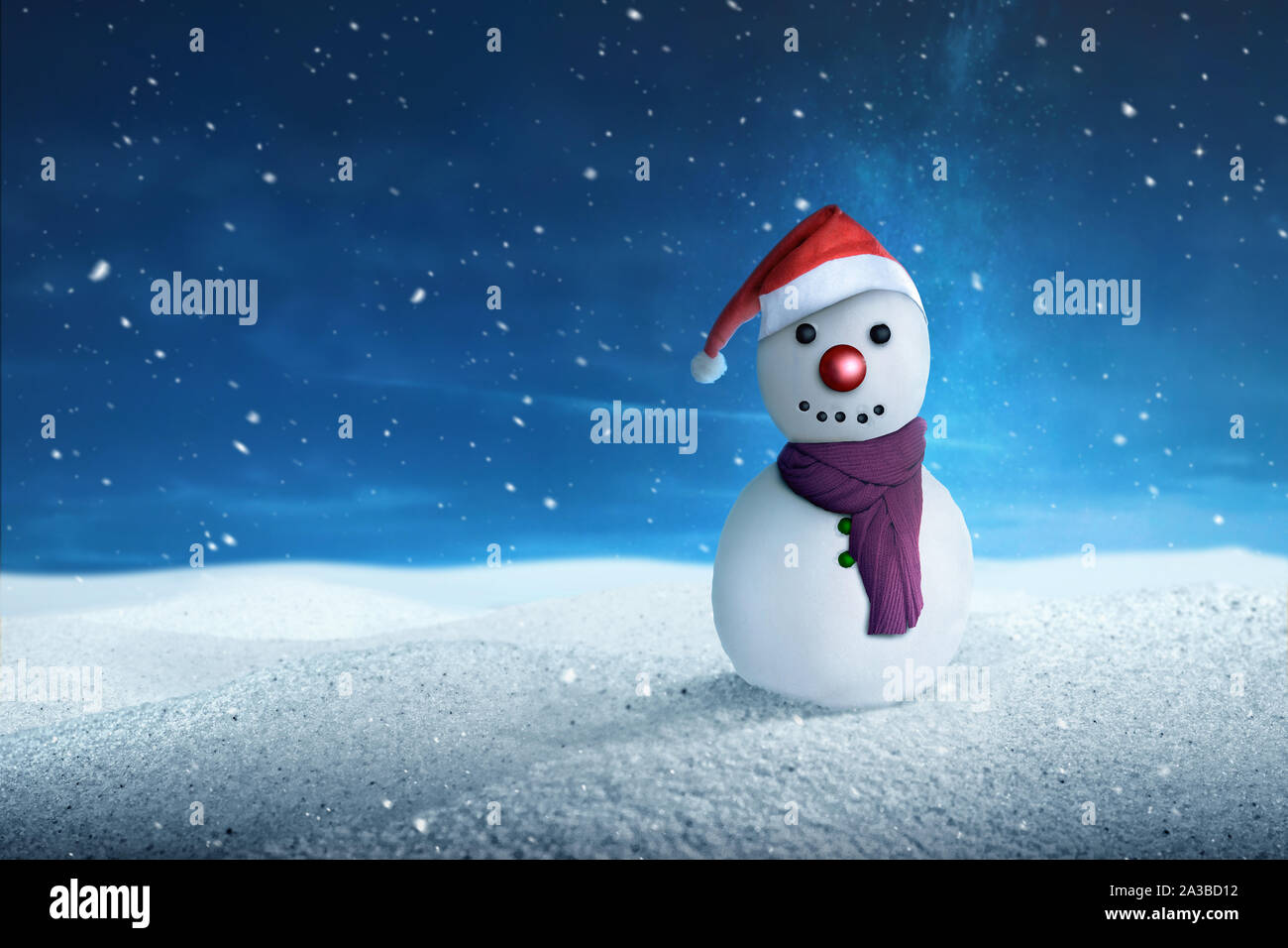 Snowman in the snow with the night scene background Stock Photo - Alamy