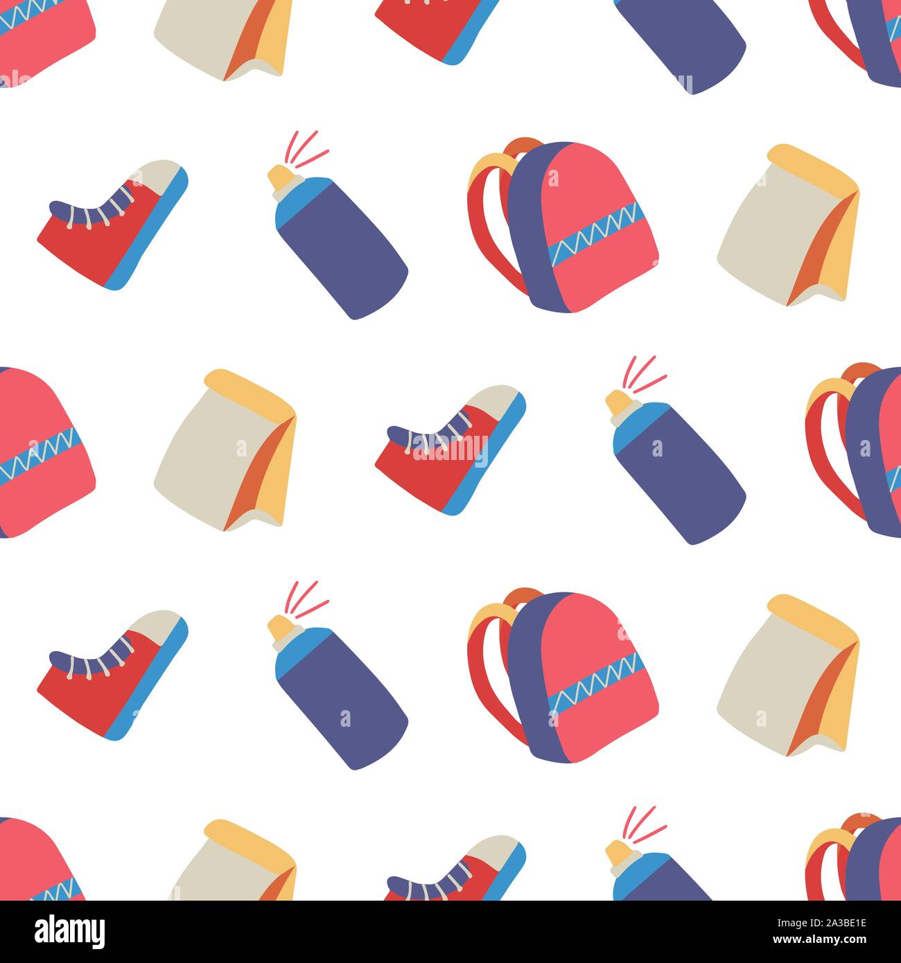 Retro flat seamless pattern with backpack, spray paint, lunch and shoes ...