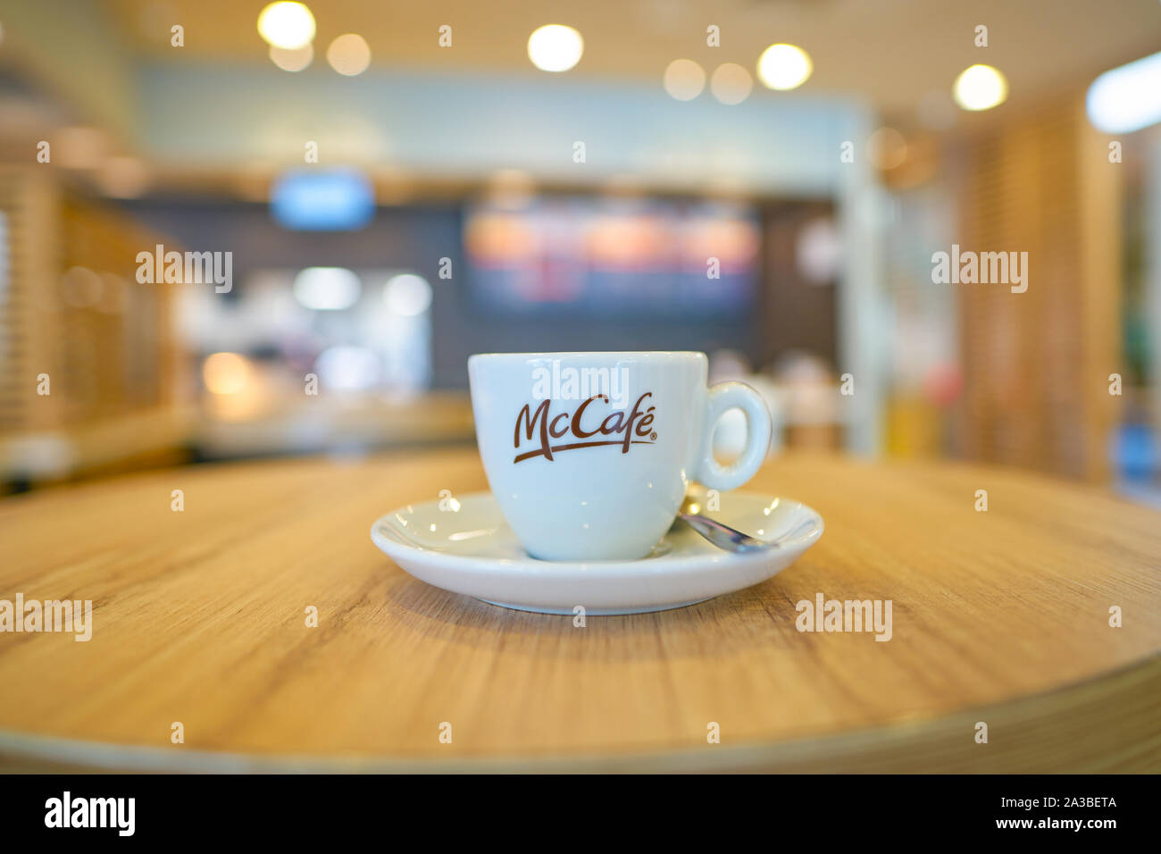 VENICE, ITALY - CIRCA MAY, 2019: white cup with coffee on a table at ...
