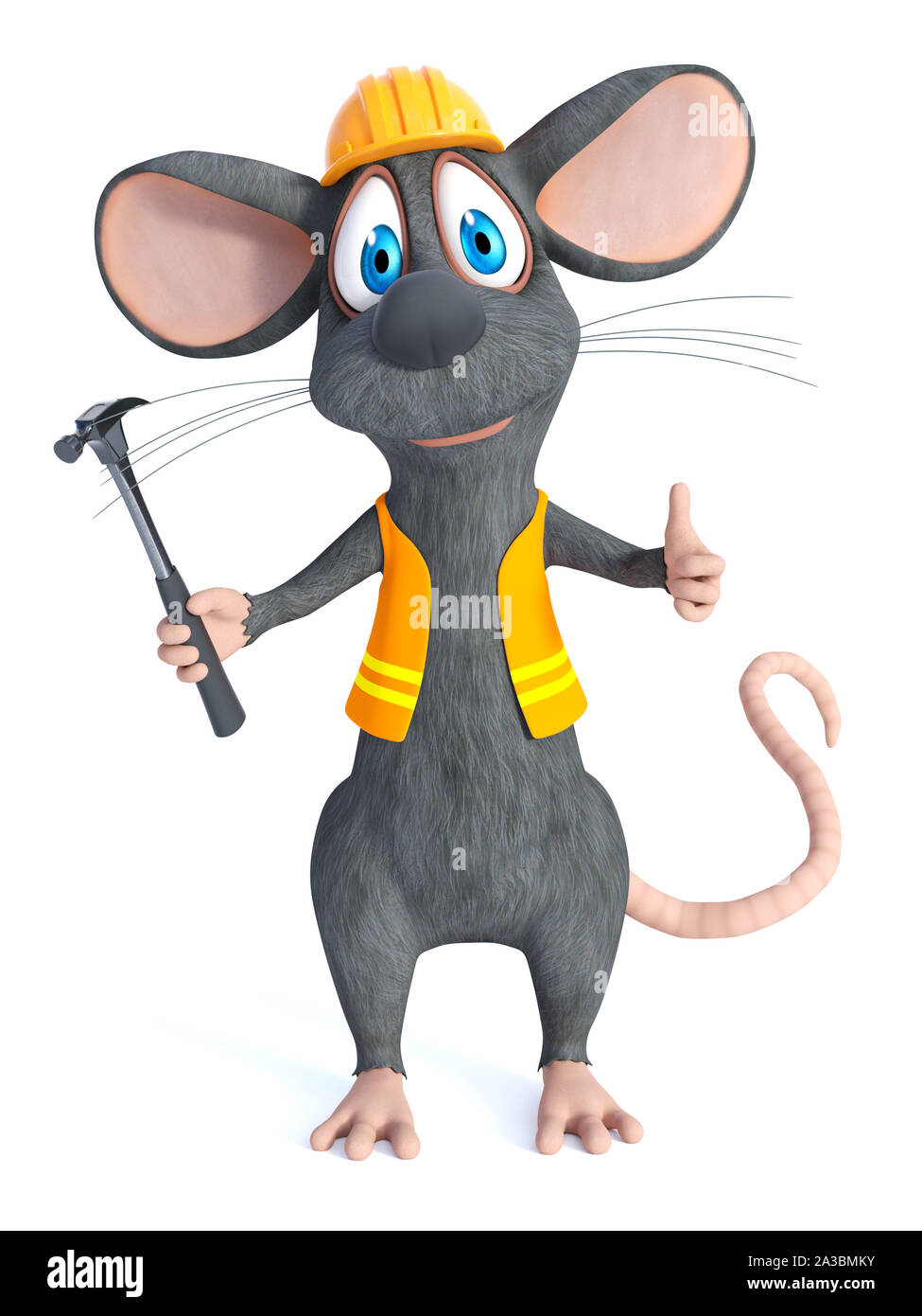3D rendering of a cute cartoon mouse dressed as a construction woker ...