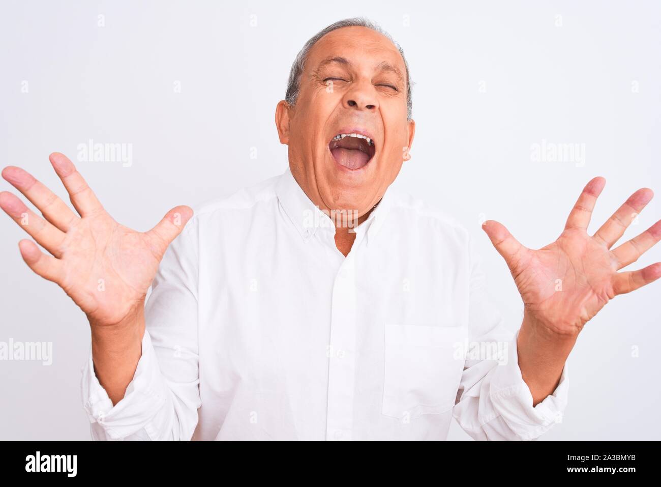 Senior grey-haired man wearing elegant shirt standing over isolated ...