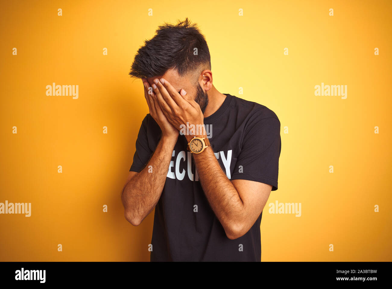 Arab indian hispanic safeguard man wearing security uniform over ...