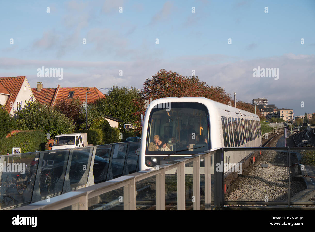 Train arriving at overground metro station in Copenhagen, Denmark Stock ...