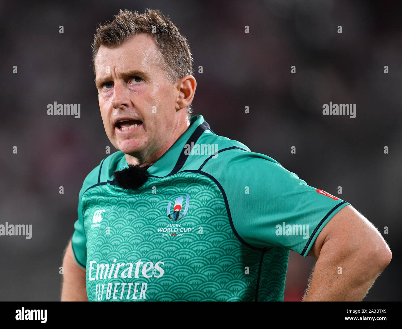 Referee Nigel Owens (Wales), checks on the TMO during the 2019 Rugby ...