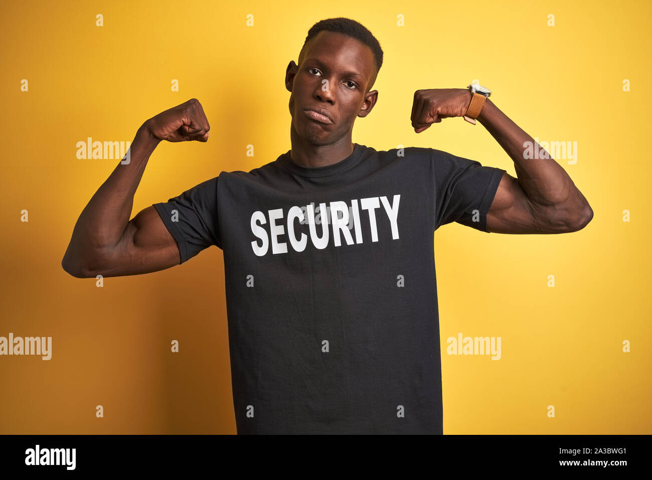 African american safeguard man wearing security uniform over isolated ...