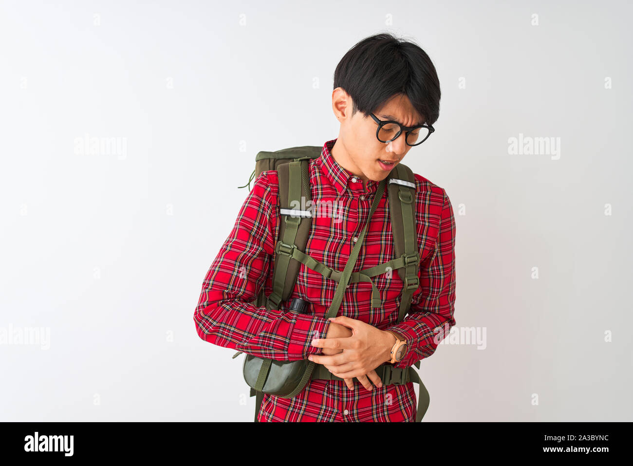 Chinese hiker man wearing backpack canteen glasses over isolated white ...
