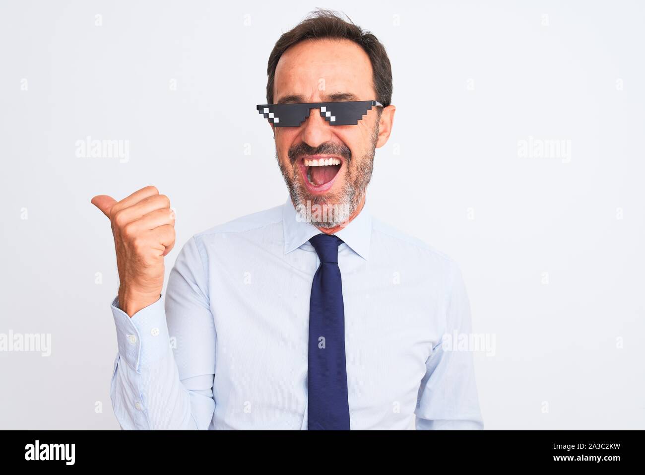 Middle age businessman wearing thug life sunglasses over isolated white ...