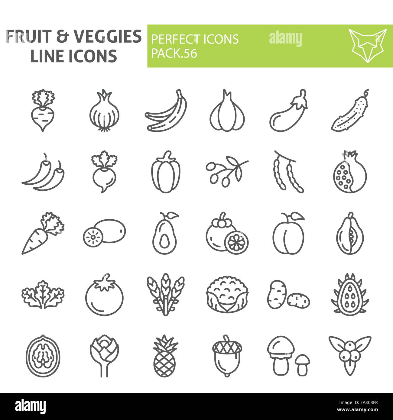 Fruits and vegetables line icon set, food symbols collection, vector ...