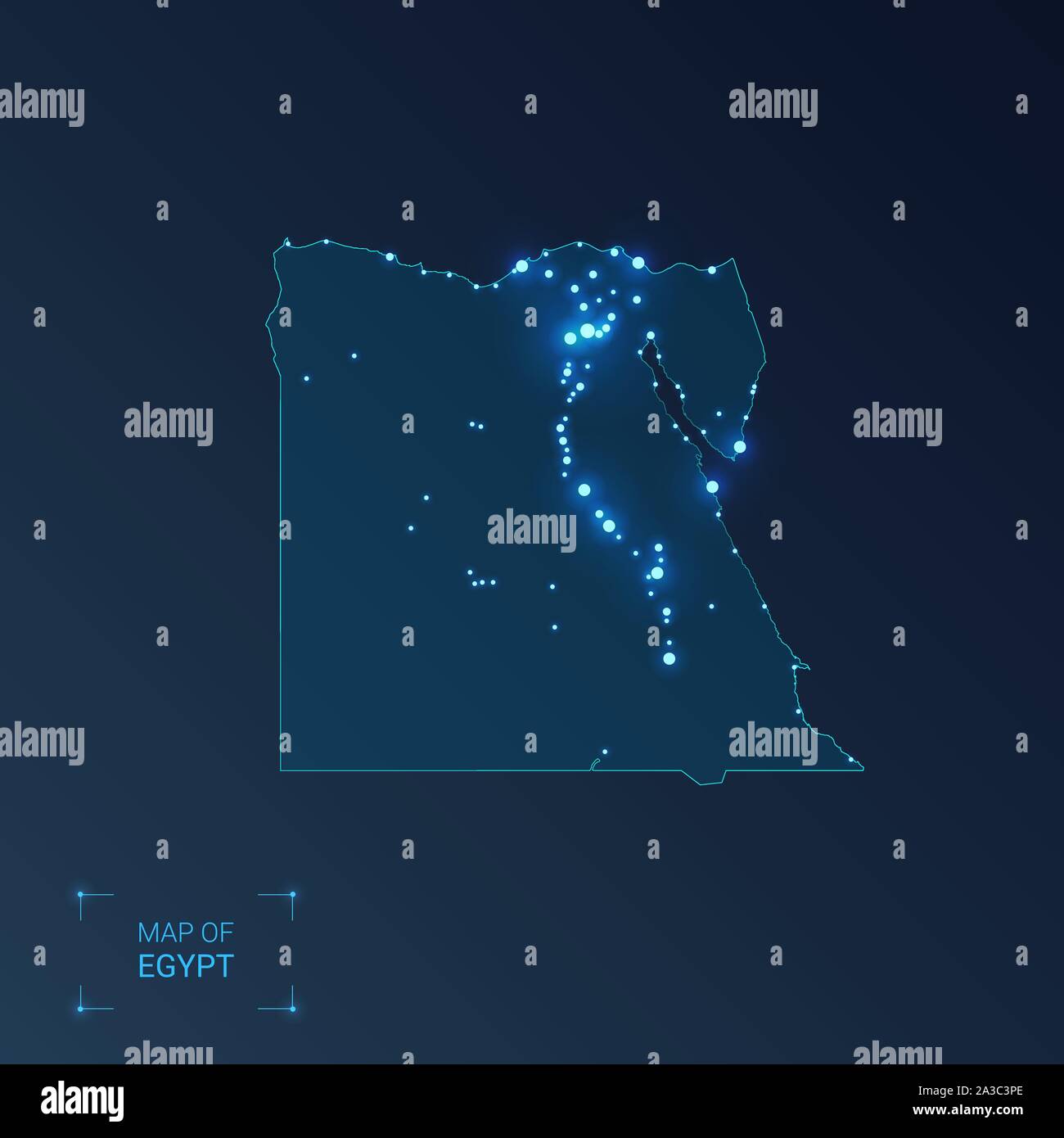 Egypt map with cities. Luminous dots - neon lights on dark background ...