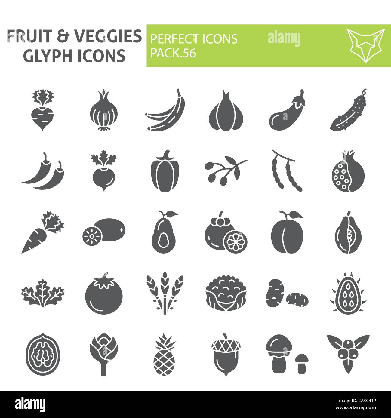 Fruits and vegetables glyph icon set, food symbols collection, vector ...