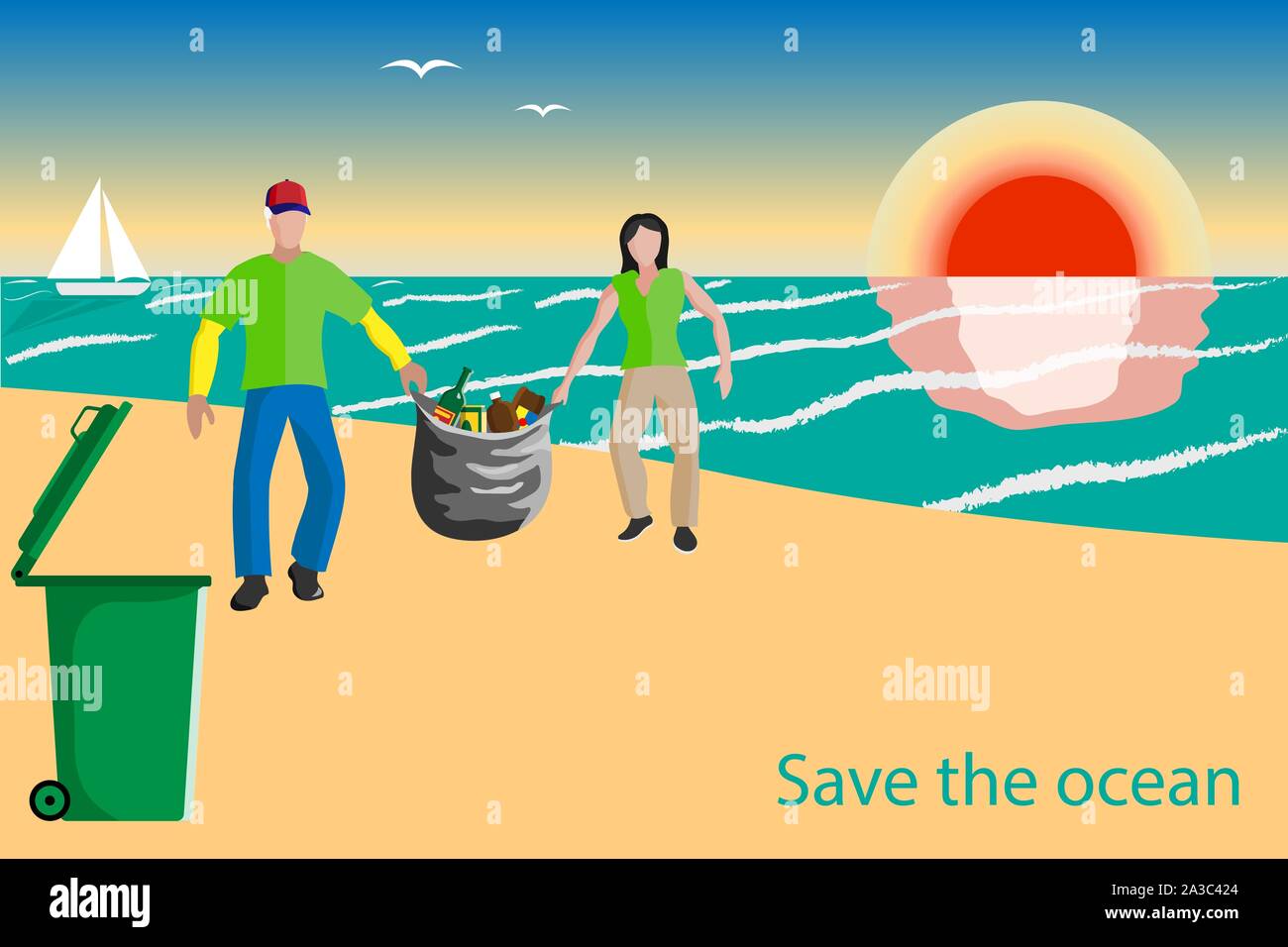 Volunteers collect and throw garbage on the beach - flat vector ...