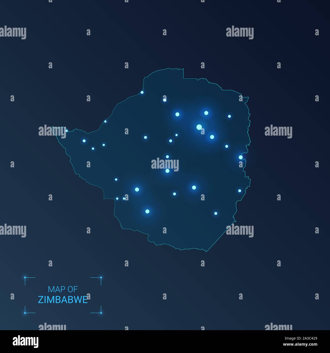 Zimbabwe map with cities. Luminous dots - neon lights on dark ...