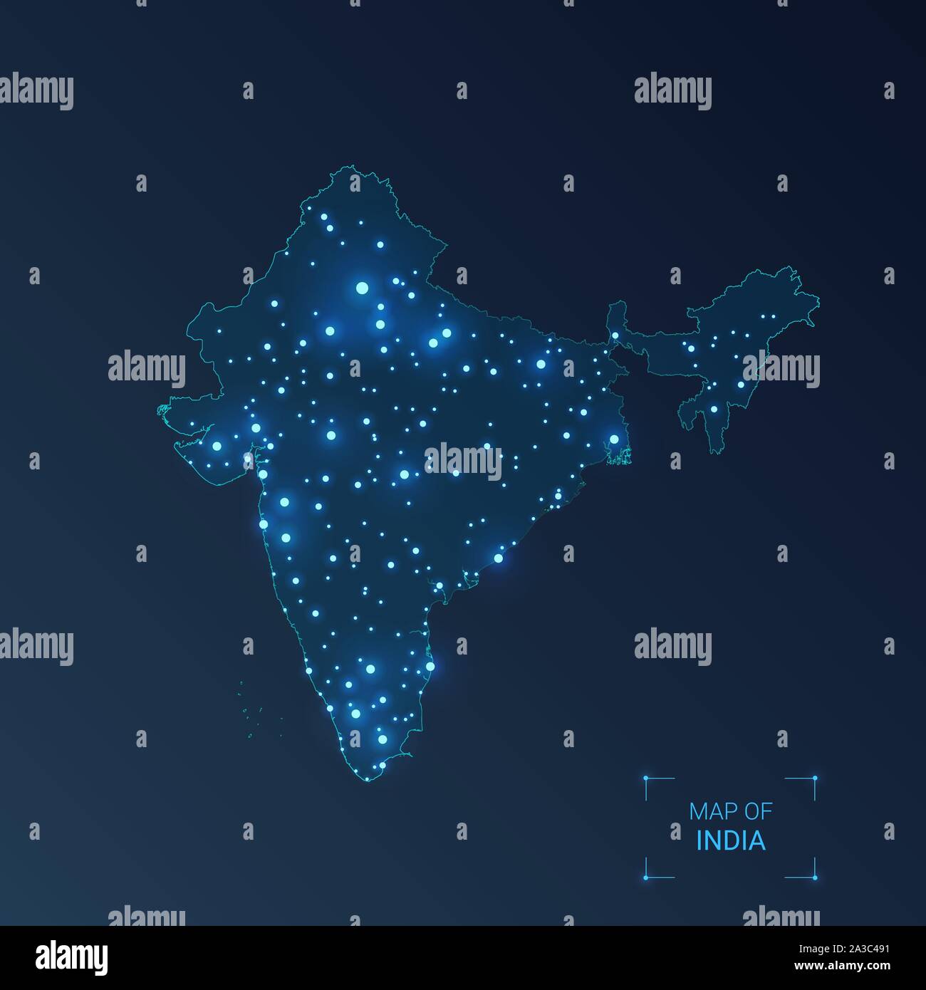 India map with cities. Luminous dots - neon lights on dark background ...