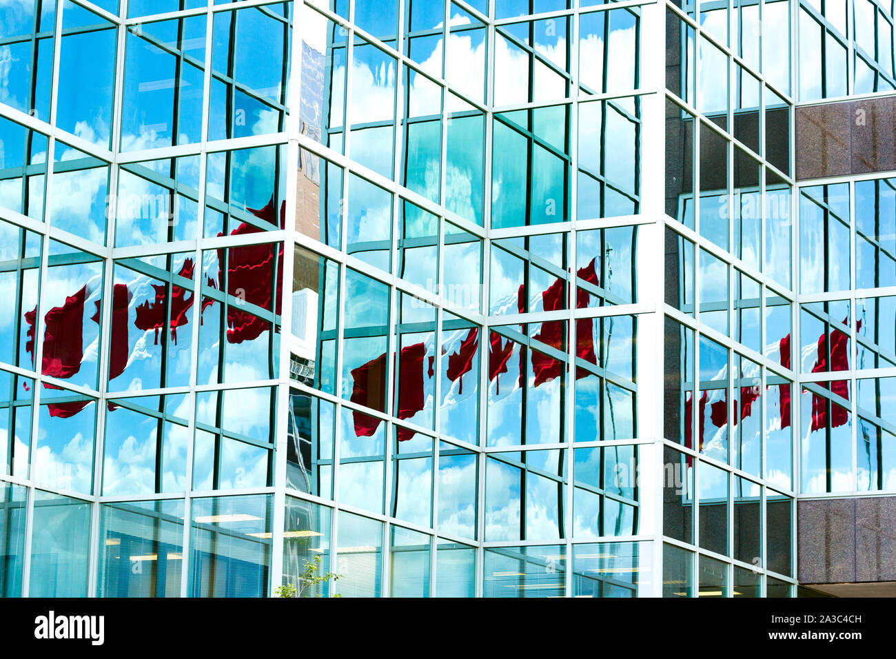 Canadian flag reflected in offices windows at Halifax seafront. Nova ...